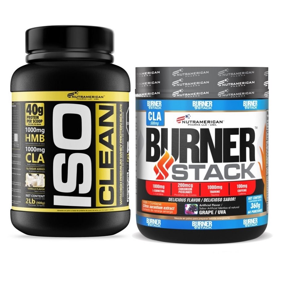 Combo proteina Iso Clean 2 lb + Burner Stack 0.8 lb NUTRAMERICANPHARMA Tarro x 2 Lb (908g) y 2 ...